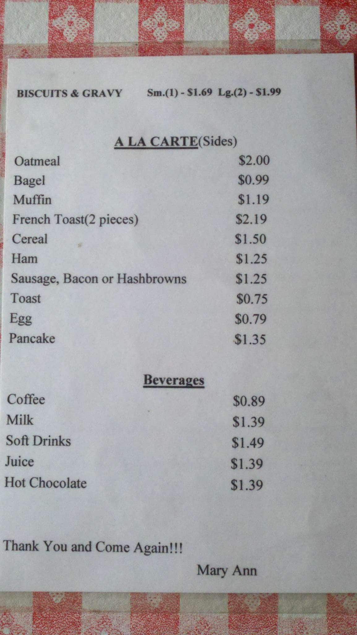 Menu at Jake's Cafe, West Fork