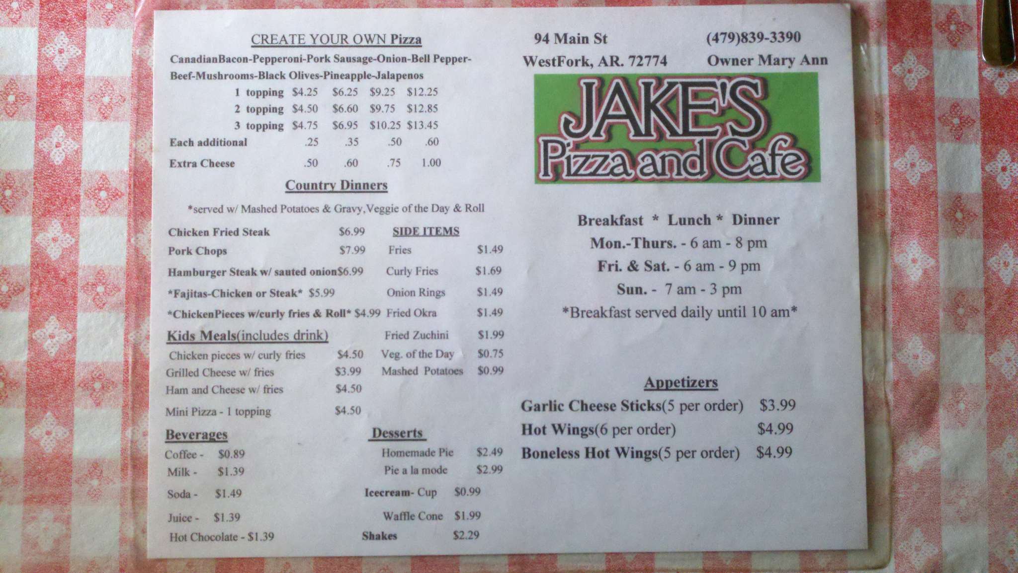 Menu at Jake's Cafe, West Fork