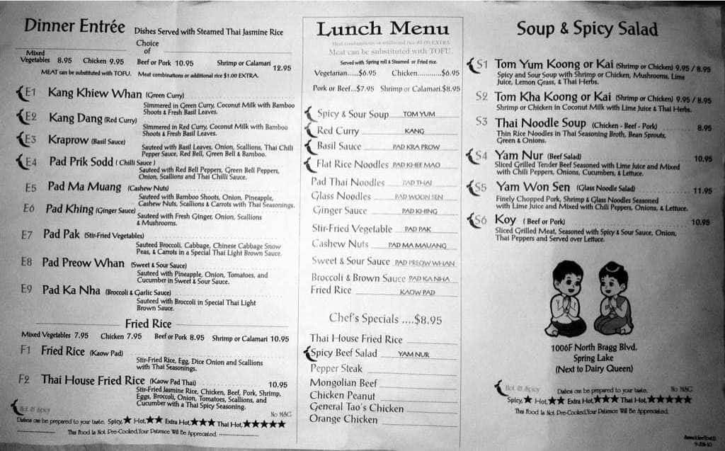 Menu at Sawaddee restaurant, Spring Lake