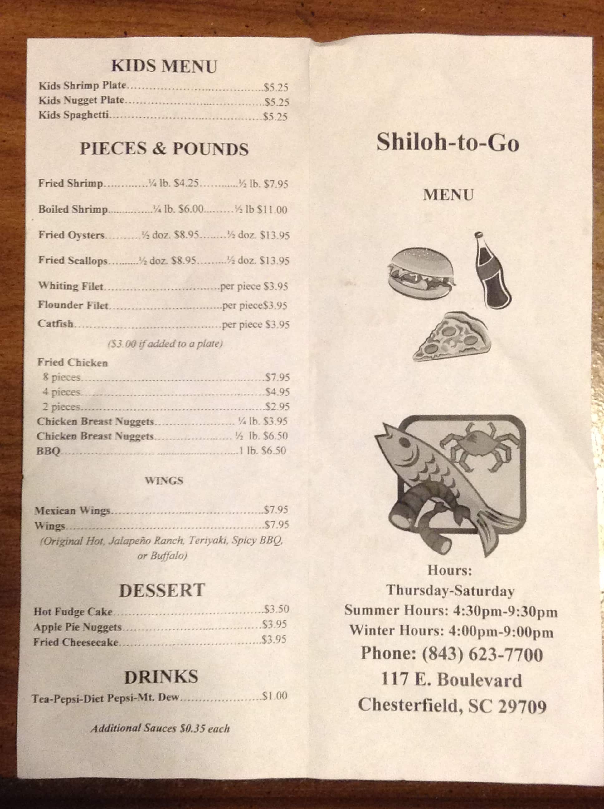Menu at Shiloh To Go pizzeria, Chesterfield