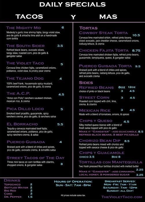 Menu at The Violet Taco restaurant, Austin, Brodie Ln