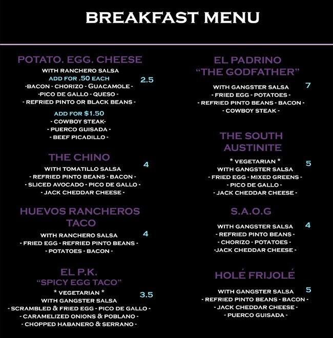 Menu at The Violet Taco restaurant, Austin, Brodie Ln