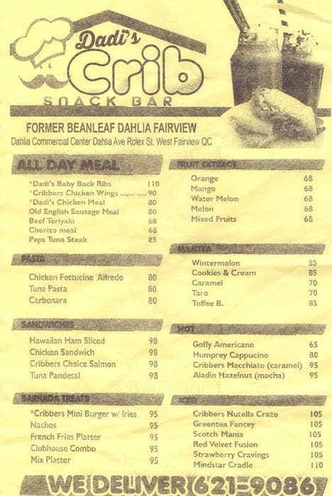 Menu at Dadi's Crib cafe, Quezon City