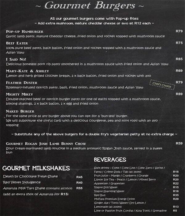 Menu at Pop Up Society restaurant, Berea