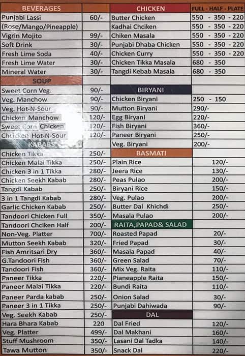 Menu at Novelty's Mini Punjab, Nagpur
