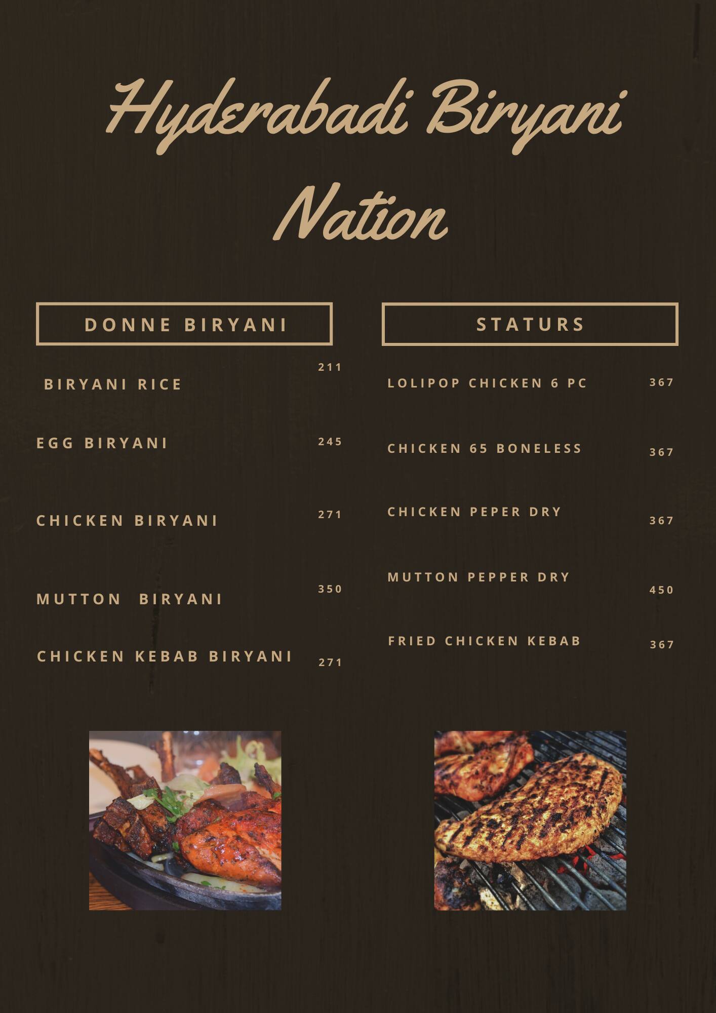 Menu of Hyderabadi Biryani Nation, BTM, Bangalore