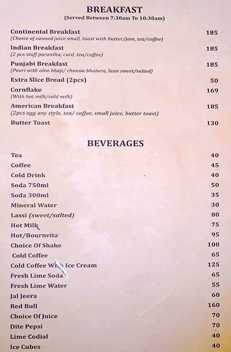 Menu of Hotel Western Premium, Sector 70, Mohali