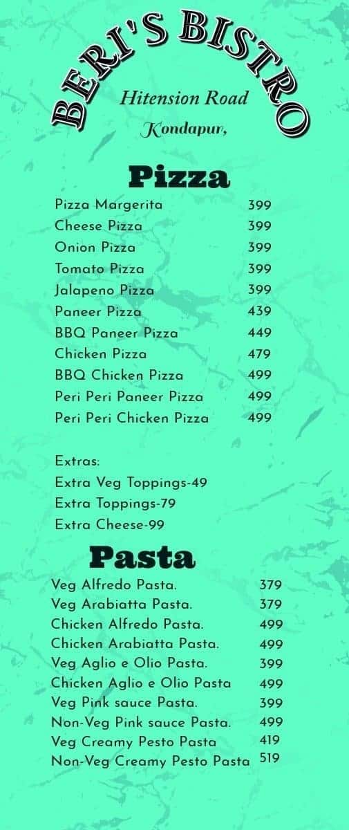 Menu of Beri’s Bistro, Kondapur, Hyderabad