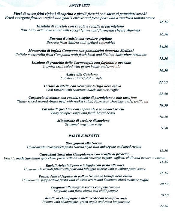 Menu at Lucio Restaurant, London