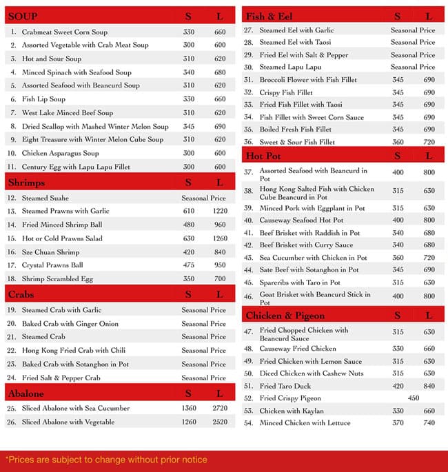 Menu at Causeway Seafood Restaurant, Quezon City, 24 Timog Ave