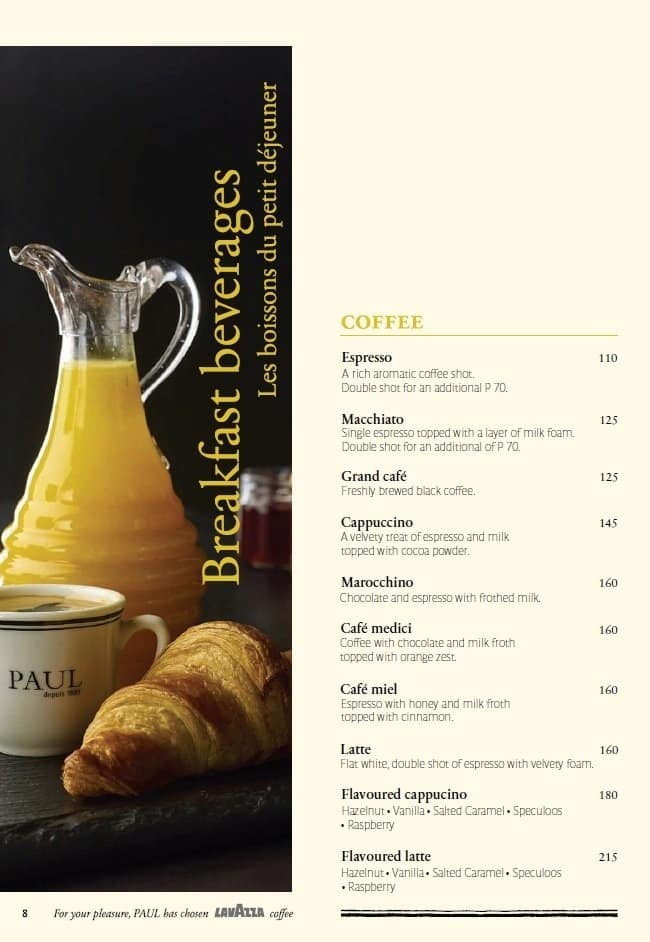 Menu at Paul Boulangerie et Patisserie cafe, Taguig, G/F Bench Tower