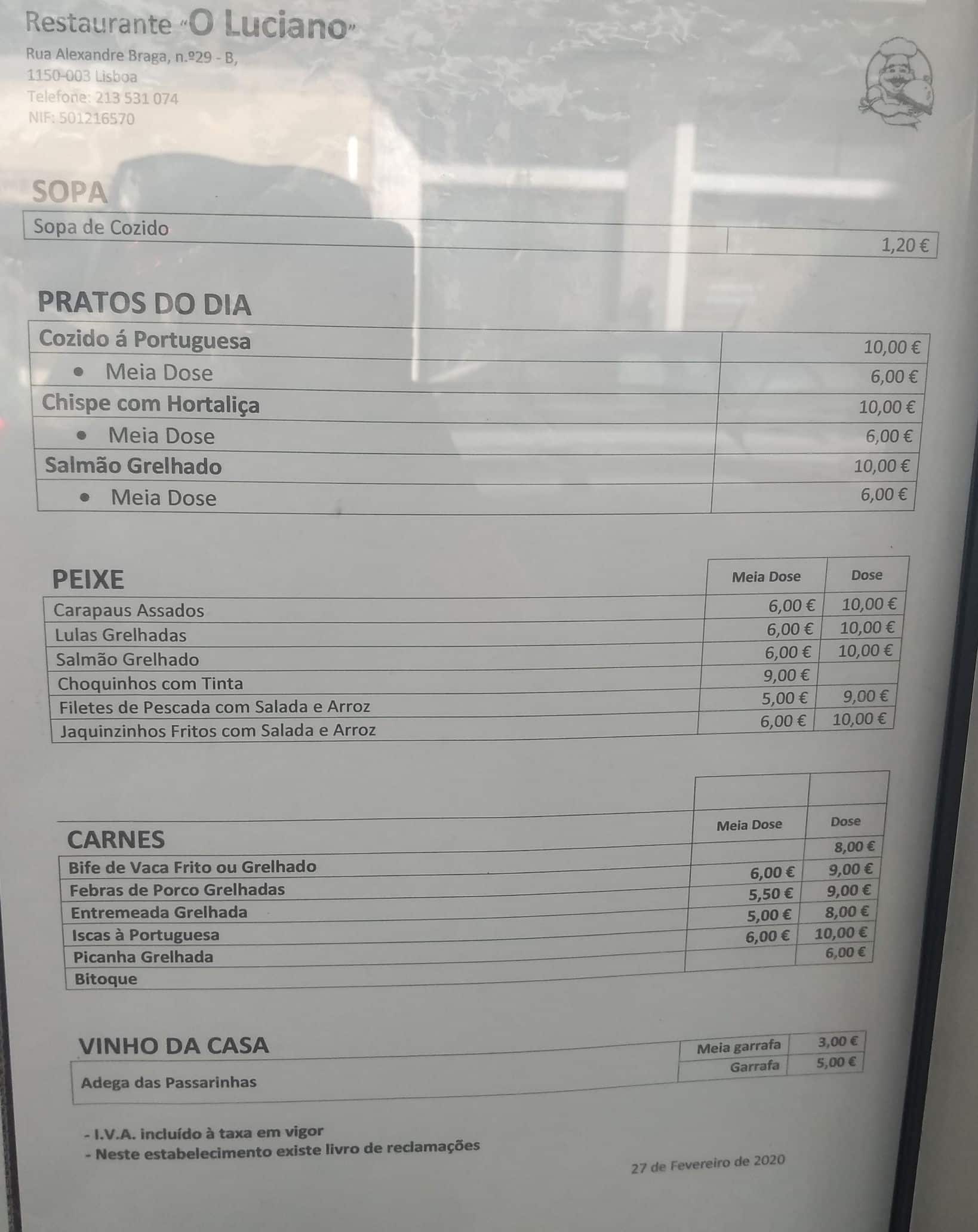 Menu at O Luciano restaurant, Lisbon