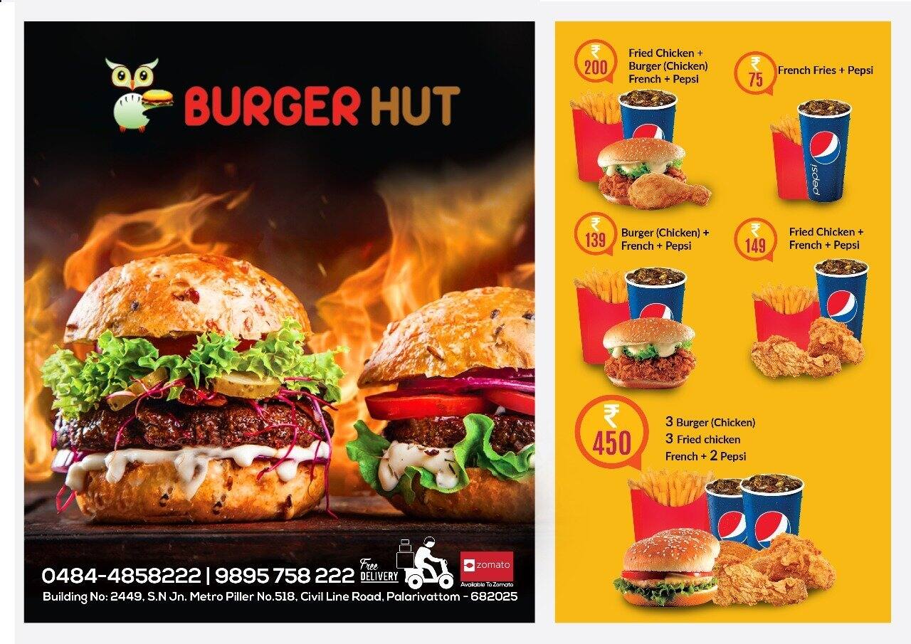 Menu at Burger Hut, Kochi, X76Q+4F8