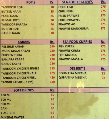 Menu at Hyderabad House, Hyderabad, Plot No 100, S R Nagar