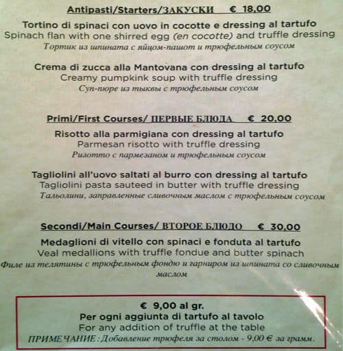 Menu at Ristorante Galleria, Milan
