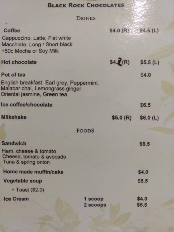Menu at Black Rock Chocolates cafe, Black Rock