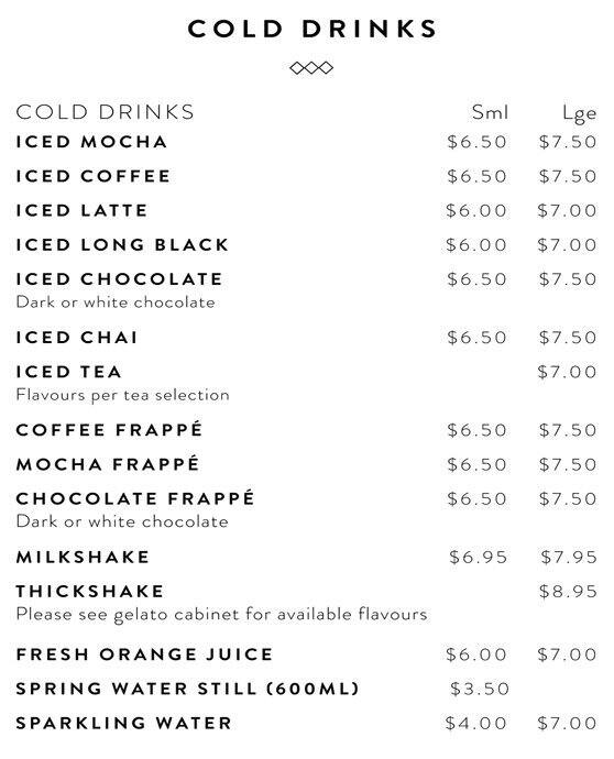 Menu at Koko Black cafe, Adelaide