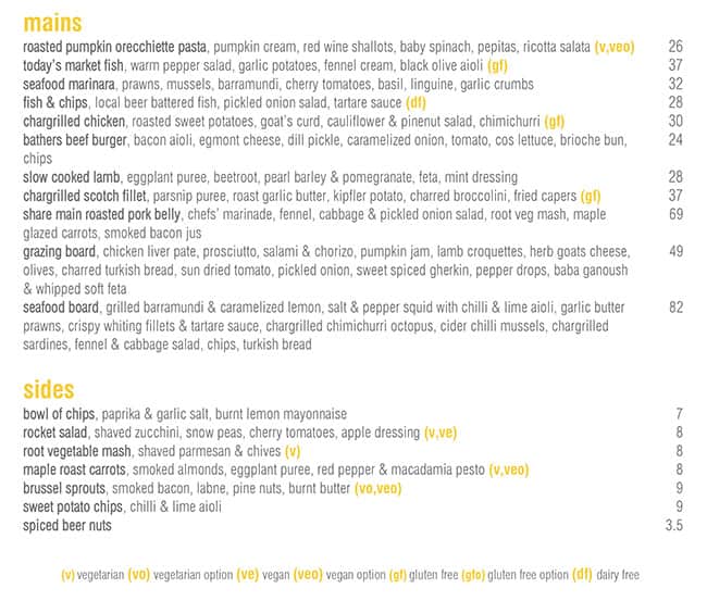 Menu at Bathers Beach House pub & bar, Fremantle