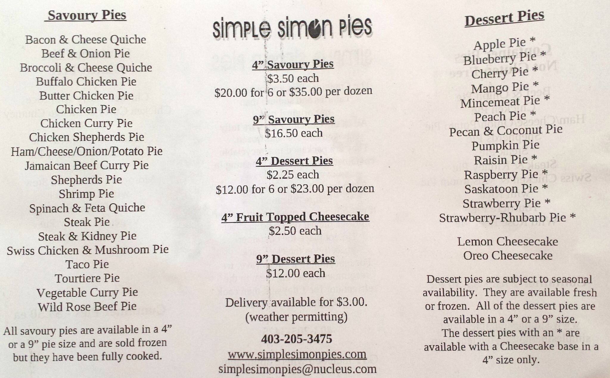 Menu at Simple Simon Pies, Calgary, Symons Valley Road