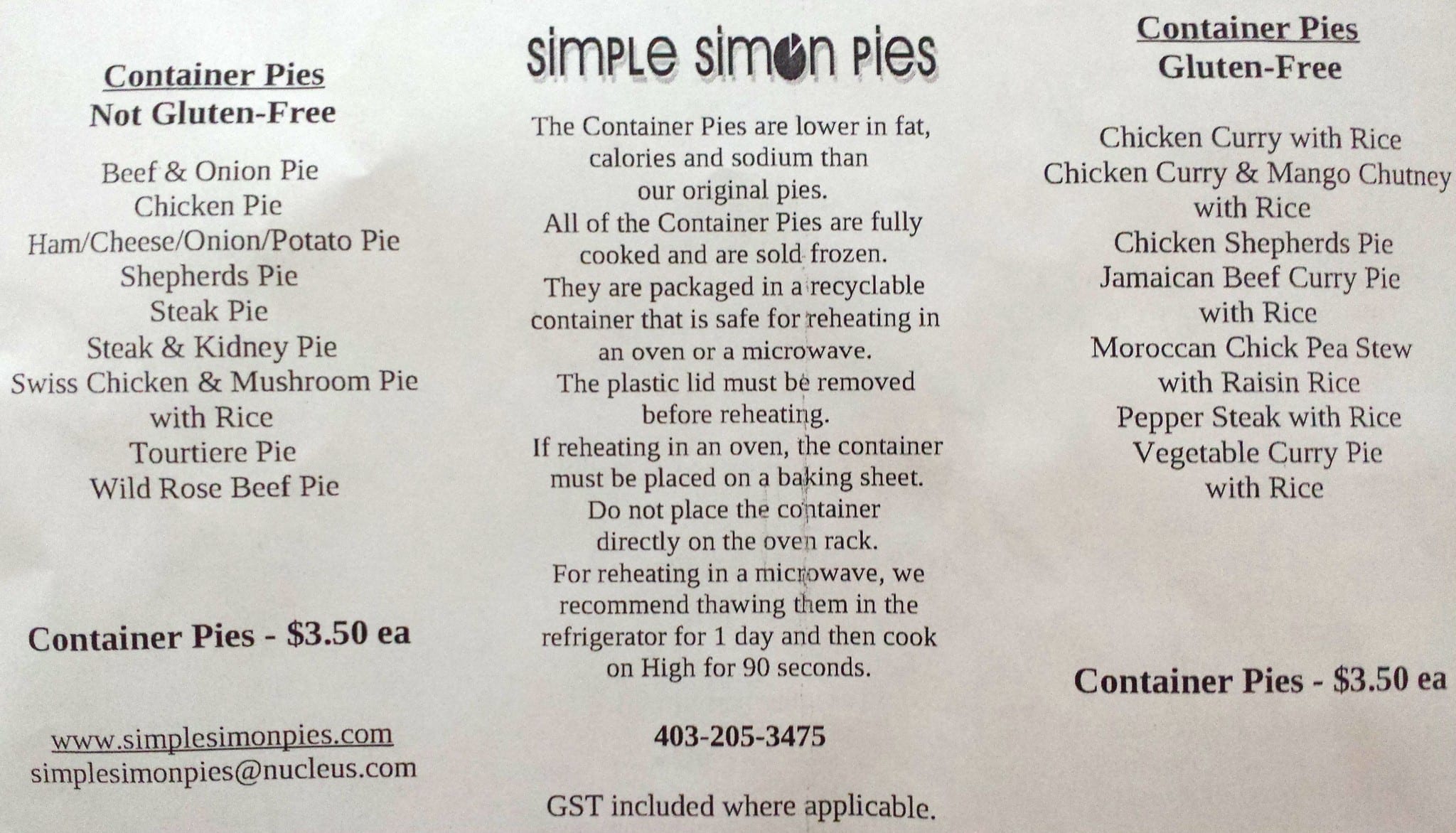Menu at Simple Simon Pies, Calgary, Symons Valley Road