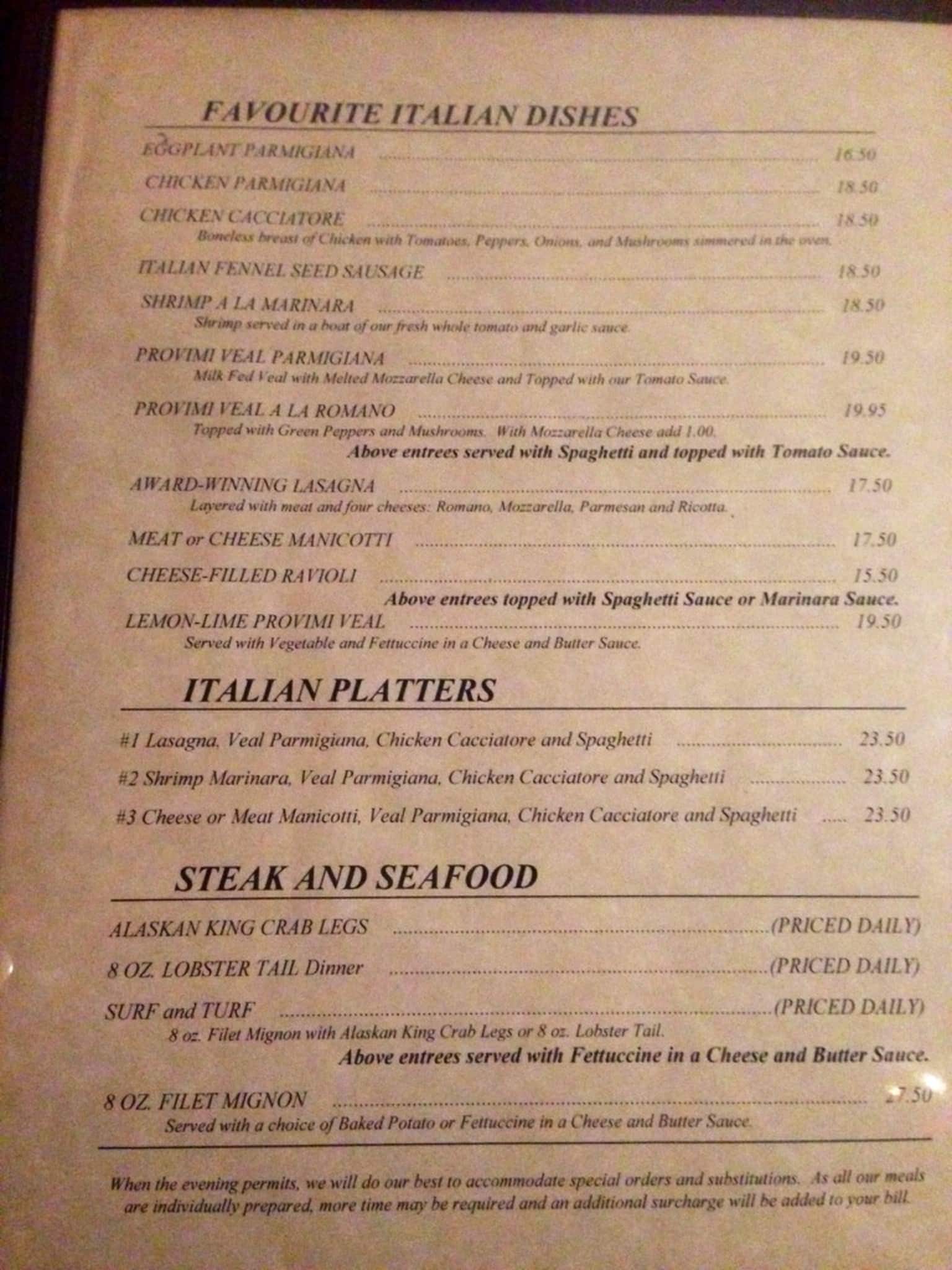 Menu at Valley restaurant, St. Catharines