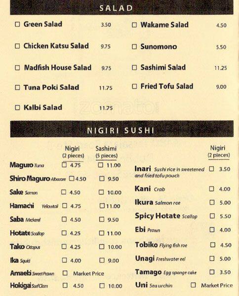 Menu at Little Madfish restaurant, Dublin