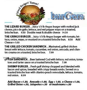 Menu at Lazy Lizard Coastal Kitchen and Cantina pub & bar, San Leon