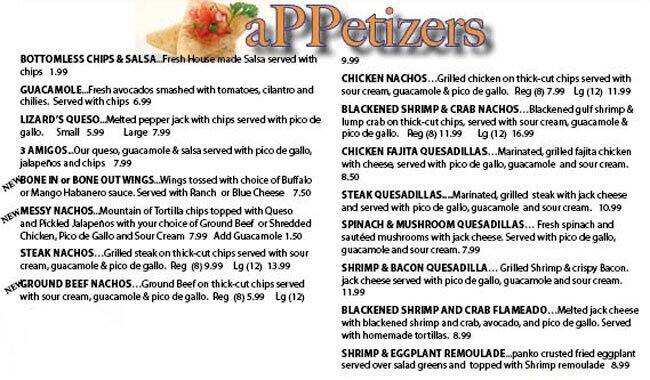 Menu at Lazy Lizard Coastal Kitchen and Cantina pub & bar, San Leon