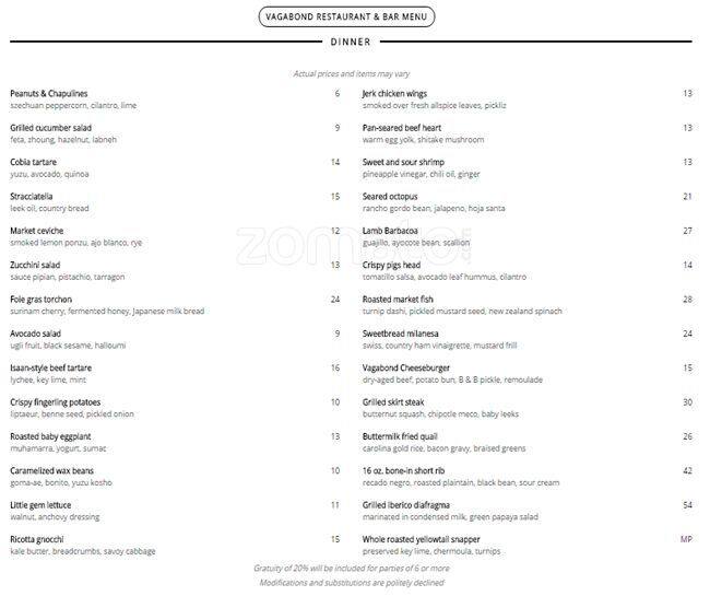 Menu at Vagabond Kitchen & Bar, Miami, Biscayne Blvd Ste A