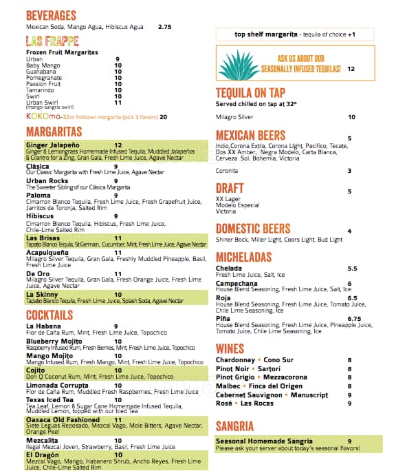 Menu at Urban Taco restaurant, Dallas, McKinney Ave