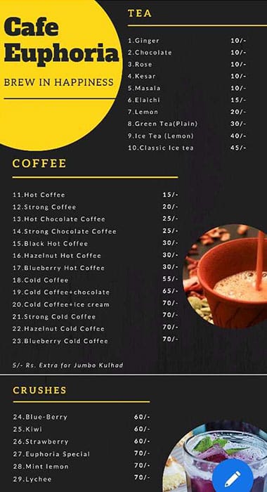Menu of Cafe Euphoria, Rajendra Nagar, Indore