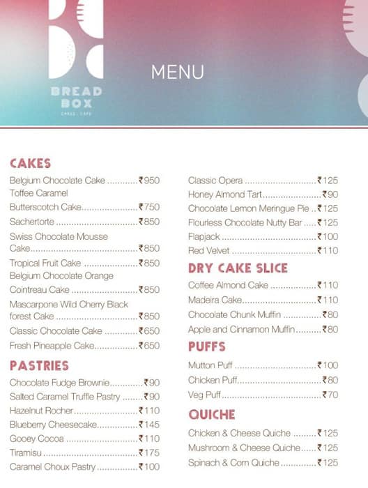 Menu at BreadBox, Kolkata