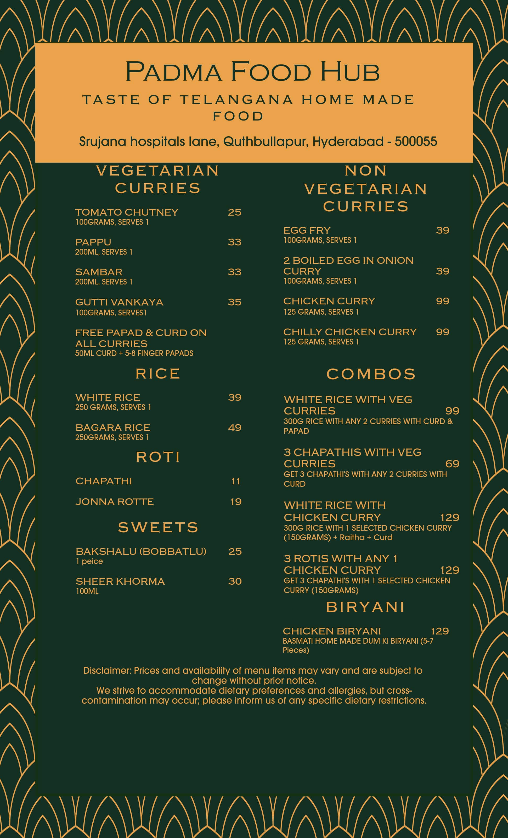 Menu of Padma Food Hub, Medchal Road, Hyderabad