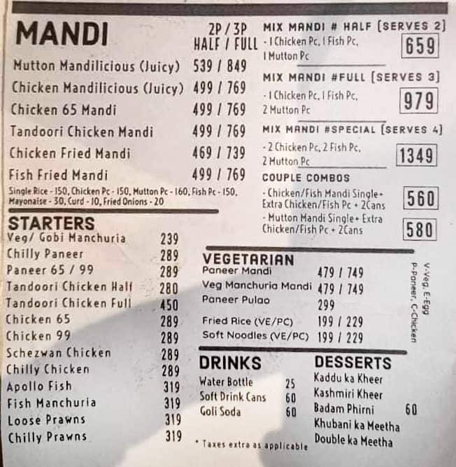 Menu of Mandilicious, Chanda Nagar, Hyderabad