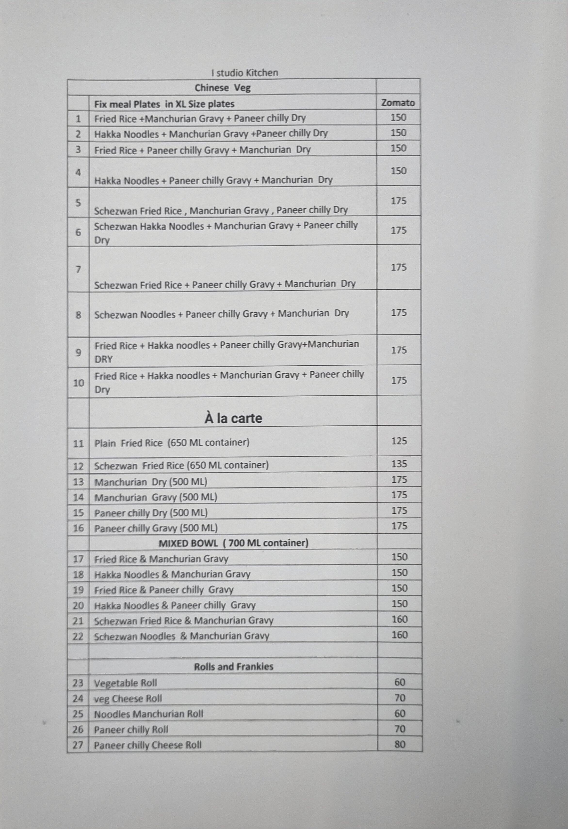 Menu of I Studio Kitchen, Gota, Ahmedabad