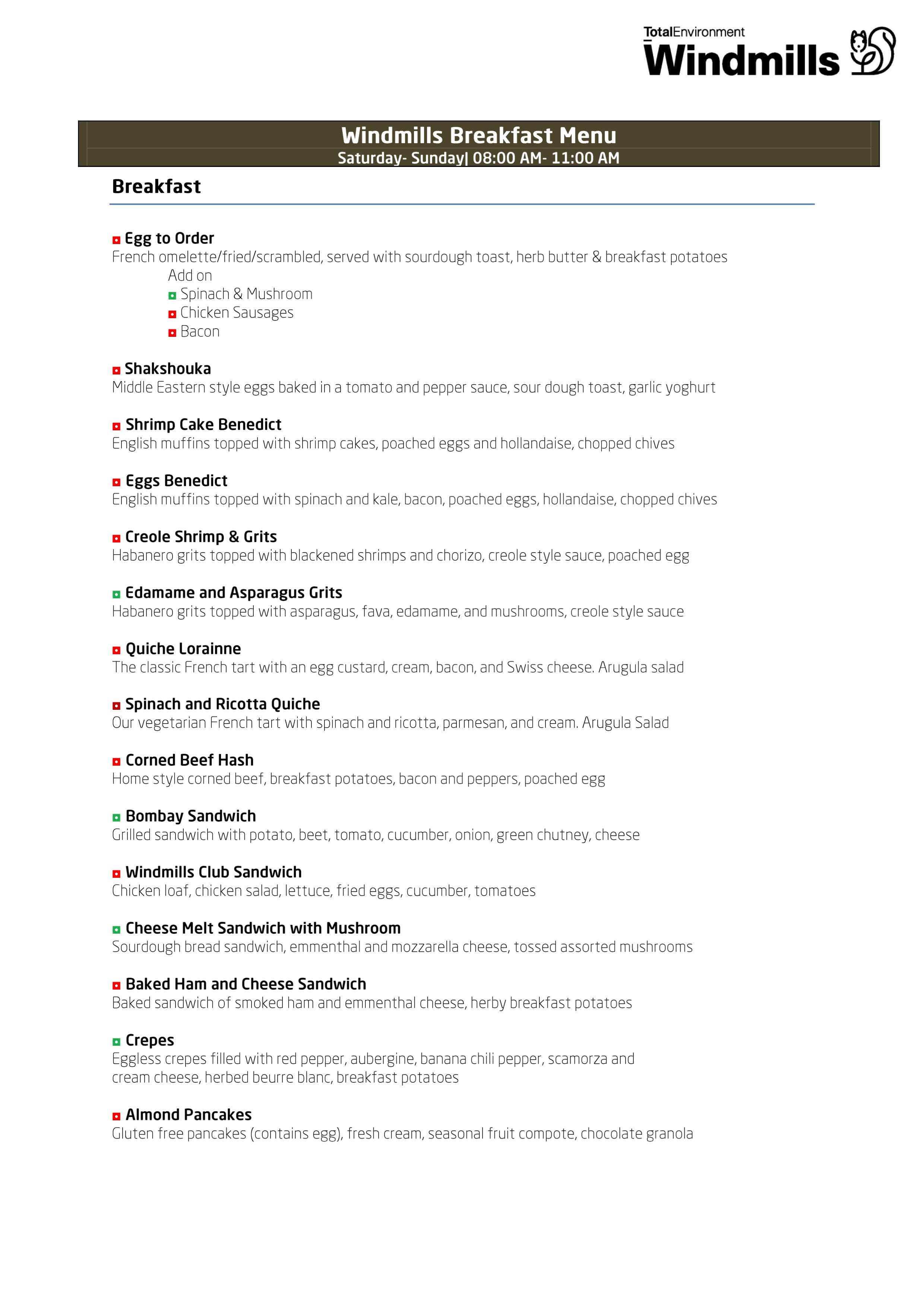 Menu of Windmills, Whitefield, Bangalore