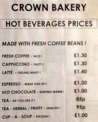 Menu at Crown Bakery, London