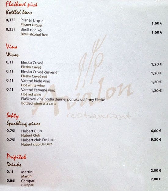 Menu at Avalon restaurant, Bratislava