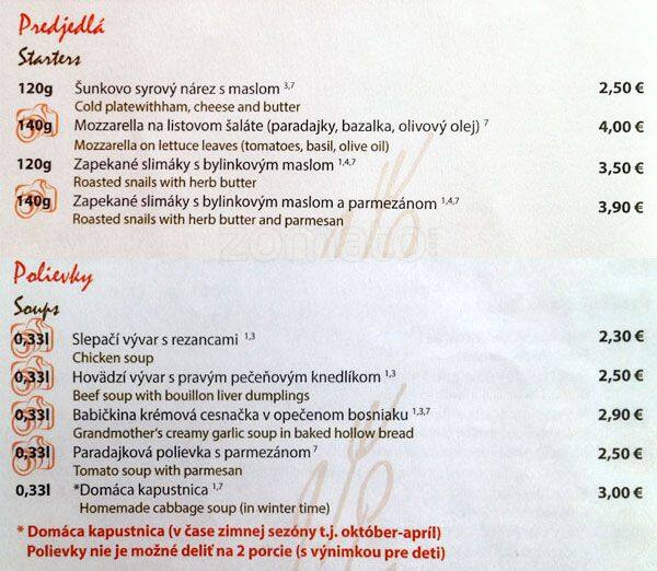 Menu at Avalon restaurant, Bratislava