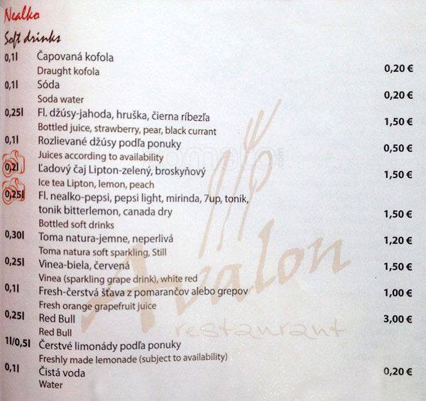 Menu at Avalon restaurant, Bratislava