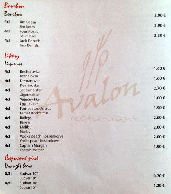 Menu at Avalon restaurant, Bratislava