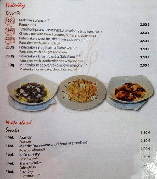Menu at Avalon restaurant, Bratislava