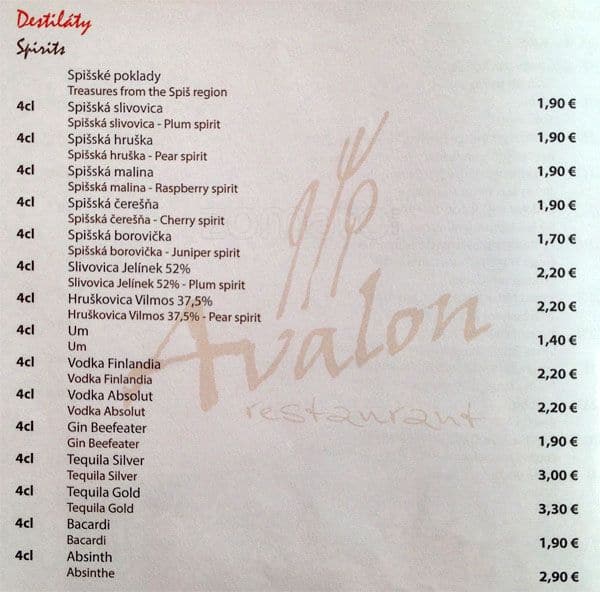 Menu at Avalon restaurant, Bratislava
