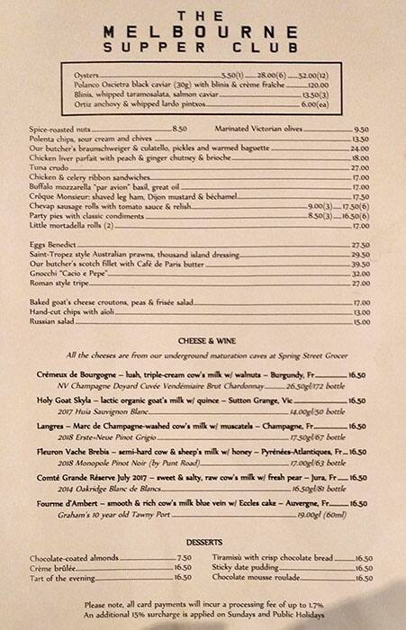 Menu at The Melbourne Supper Club, Melbourne