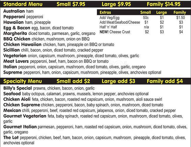 Carta de Eva's Pizzeria, Largs Bay