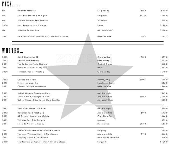 Menu at Peel St restaurant, Adelaide