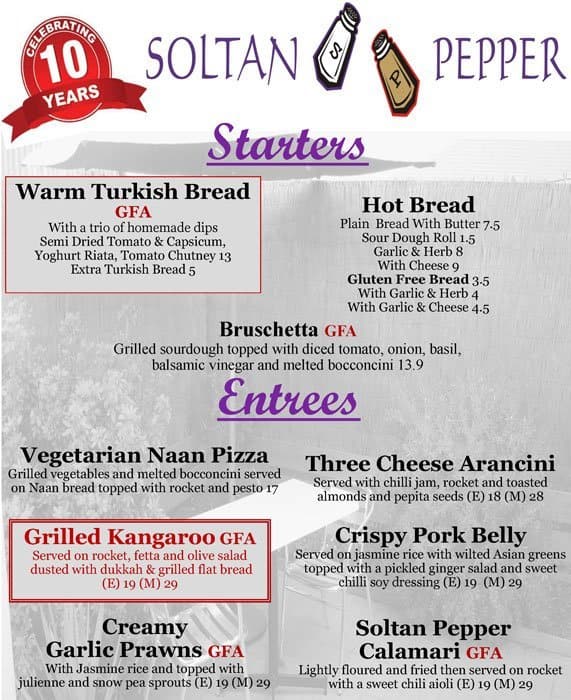 Menu at Soltan Pepper restaurant, Romsey, 118 Main St