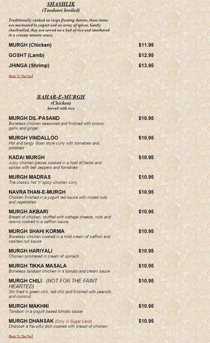Menu at Shiva restaurant, Houston