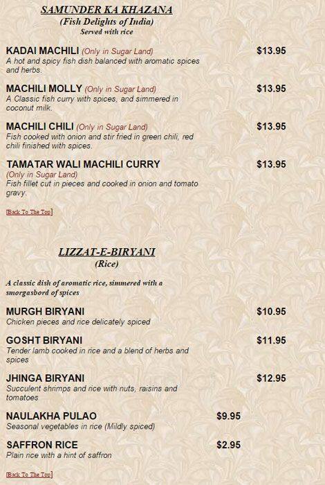 Menu at Shiva restaurant, Houston