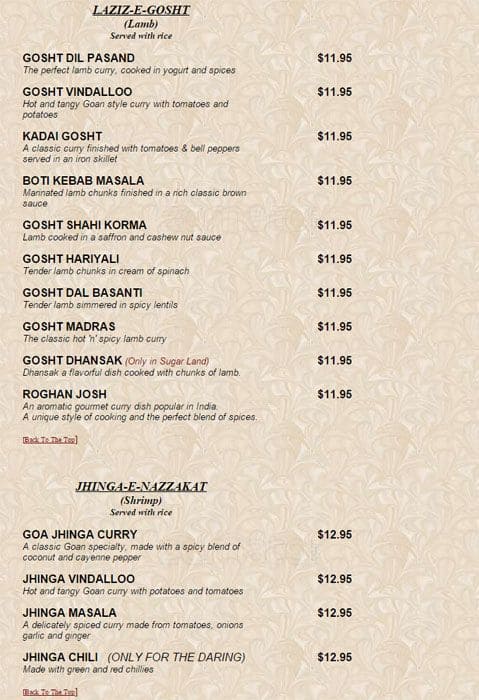 Menu at Shiva restaurant, Houston